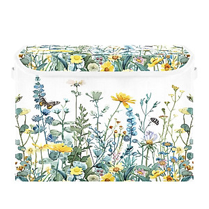 Wassud Storage Bins with Lids Spring Floral Collapsible Stackable Fabric Linen Baskets Closet Organizer Container,16.5"x12.6"x11.8"