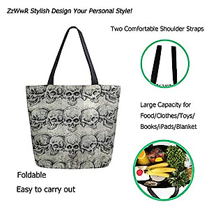 ZzWwR Vintage Skull Tattoo Pattern Large Canvas Gym Beach Travel Reusable Grocery Shopping Tote Bag