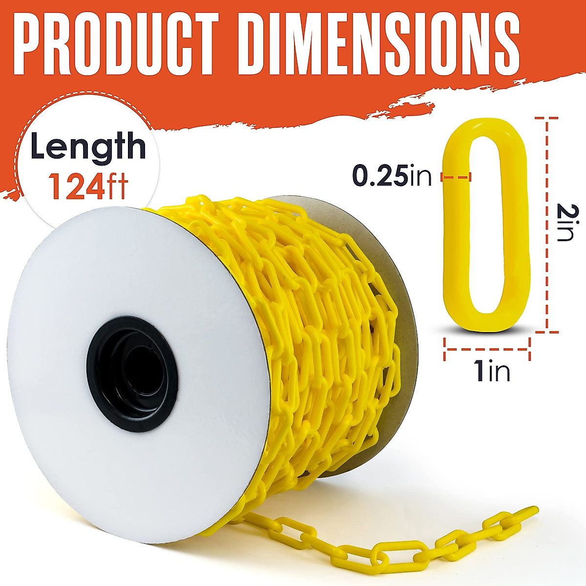 Plastic Chain, Plastic Chain Links, Safety Chains, Safety Barrier Chains, Chain Barrier, Accessory for Crowd Control, Queue Line, Decoration, Light Weight, UV Protected, Yellow, 2" Link, 124 Foot
