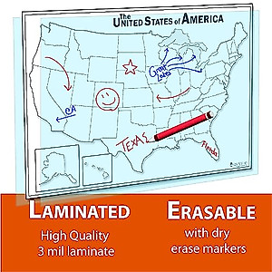 Blank Map of USA Dry Erase(18x24) LAMINATED 50 states Large Poster Young N Refined