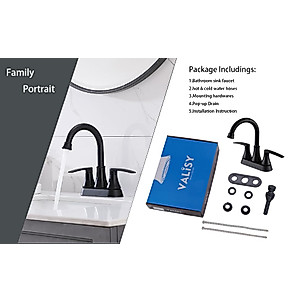 VALISY Lead-Free Matte Black Bathroom Sink Faucet, 2 Handle 4 Inch Centerset Faucet, Modern 360° Swivel High-Arc Spout Bath Lavatory Vanity Faucets for Bathroom Sinks with Pop-up Drain & Water Hoses