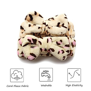 IVYRISE 2Pcs Cute Bowknot Makeup Headbands Washing Face Shower Hairbands Spa Headbands for Woman (Leopard Grain (Black and Pink)