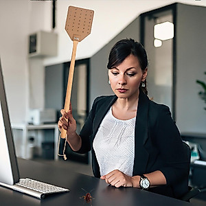 19.5" Sturdy Leather Fly Swatter for Indoors, Heavy Duty Flyswatter with Durable Wooden Handle, Fly Swatters with Hanging Rope for Flies, Bees (Brown & Black)