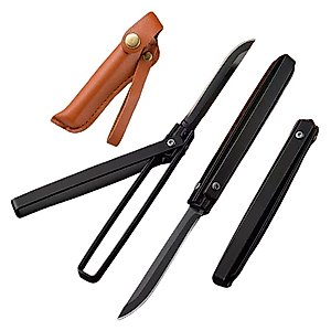 2 Piece Slim Pocket Knife, Slim EDC Knife with Leather Case, Folding Knife with Glass Breaker for Home Using, Outdoor Camping, Fishing, Hunting, Black
