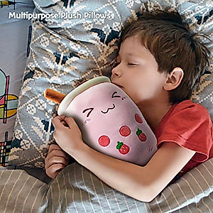 Cute Boba Stuffed Plush Kawaii Bubble Tea Plush Soft Pillow Cartoon Milk Tea Cup Pillow Food Plushie Hugging Plush Toys Christmas Birthday Gifts for Boys Girls Pink 9.5 inch