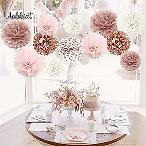AOBKIAT Wedding Decorations Tissue Paper Pom Poms - 12 PCS Rose Gold Pink White Paper Flower Pom Pom Kit Decorations for Wedding Birthday Baby Shower Bachelorette Bridal Shower Party Supplies