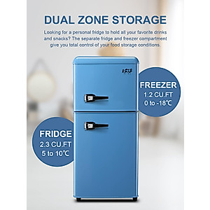 KRIB BLING Mini Fridge With Freezer,3.5 Cu. Ft Compact Refrigerator With 2 Doors,7- Level Adjustable Thermostat, Removable Glass Shelves For Bedroom, Office, Kitchen, Apartment, Dorm, Blue