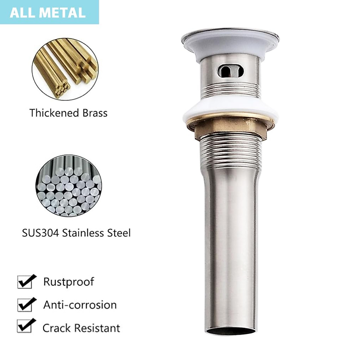 Pop Up Drain, Bathroom Pop Up Sink Drain, Brushed Nickel Bathroom Sink Stopper with Drain Hair Catcher Pop Up Drain, Bathroom Vanity Kitchen Sink with Overflow,PUD001L