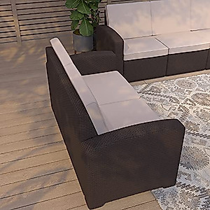 Merrick Lane Malmok Outdoor Furniture Resin Loveseat Chocolate Brown Faux Rattan Wicker Pattern 2-Seat Loveseat with All-Weather Beige Cushions