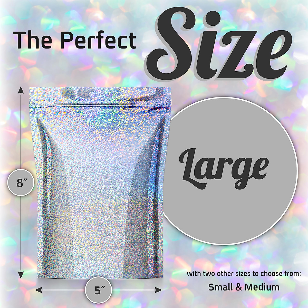 Resealable Black STANDUP Mylar Hologram Metallic Amazing Bags 5 * 8 inches. 100 Pk – Airtight, Waterproof, Zip Lock seal-Opaque Foil Pouch. Food Grade Bags Long shelf-life Storage (Large Black-Metal)