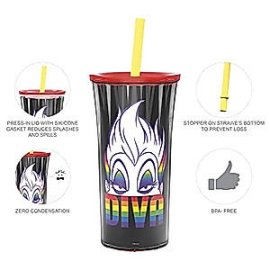 Zak Designs Disney Halloween Rainbow Collection Double-Wall Insulated Plastic Tumbler for Cold Drinks, Travel Cup with Splash-Proof Lid and Straw Made with Durable Materials (Ursula, 20 oz, Non BPA)