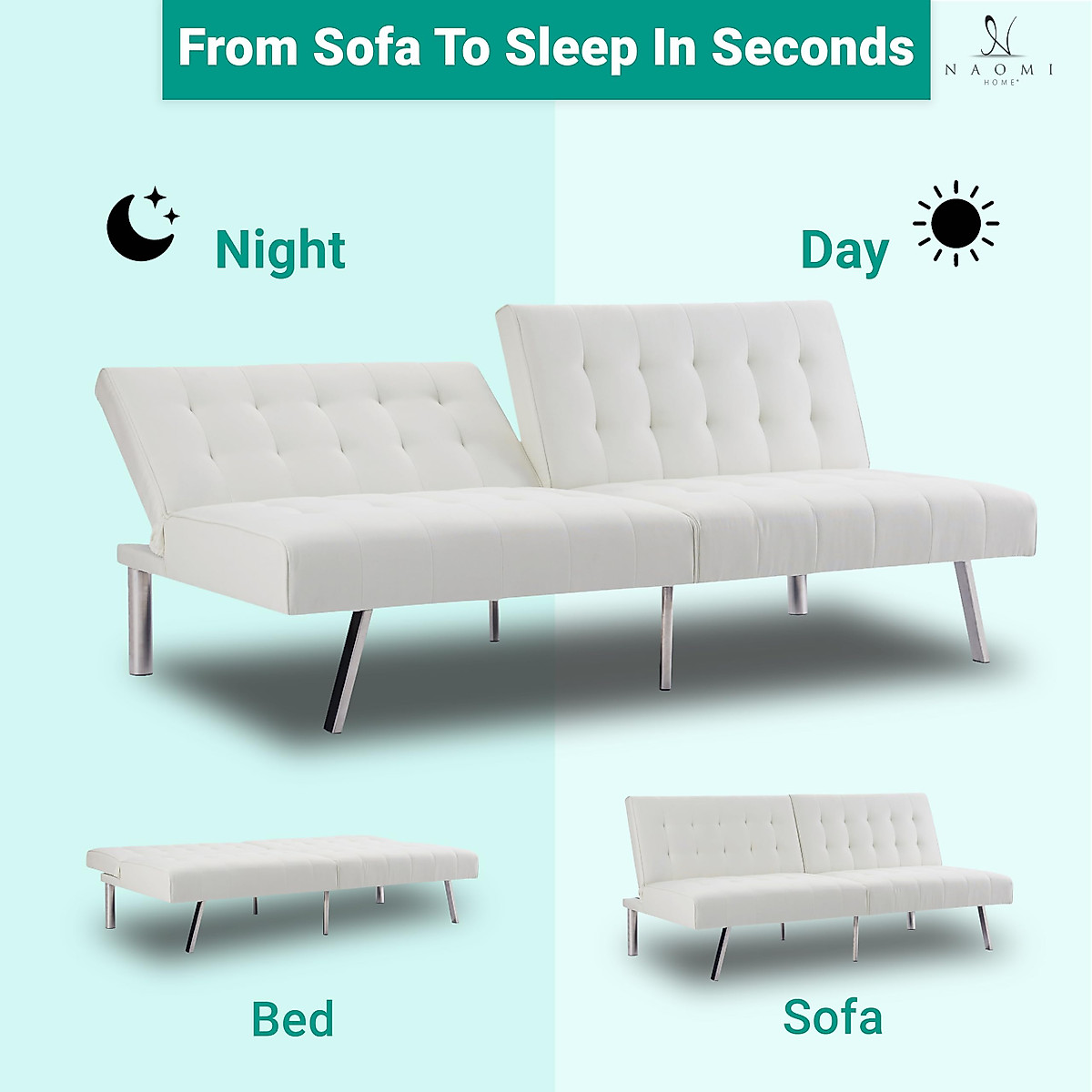 Naomi Home Tufted Split Back Futon Sofa Bed, Faux Leather Couch Bed, Futon Convertible Sofa Bed with Chrome Legs, Folding, Reclining Small Convertible Couch, Futon Couches for Living Room White