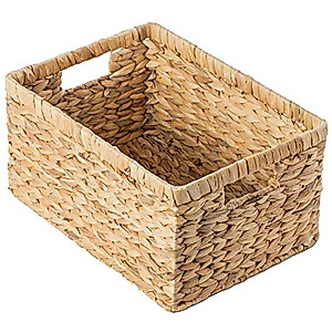 Natural Woven Water Hyacinth Wicker Rectangular Storage Bin Basket with Handles, Large