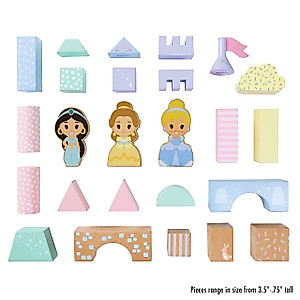 Disney Wooden Toys Princess Castle Block Set, 25-Pieces Include Cinderella, Belle, and Jasmine Block Figures, Officially Licensed Kids Toys for Ages 18 Month by Just Play