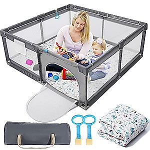 Baby Playpen with Mat,Play Pen for Babies and Toddlers,Baby Play Yards No Gaps, Playpen with Gate, Indoor & Outdoor Kids Activity Center, Safety Baby Fence(Grey, 50"x50")