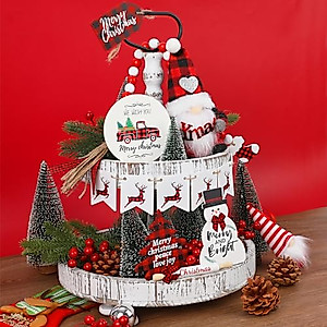 13 Pieces Christmas Tiered Tray Decor Set Christmas Decorations Indoor Winter Wooden Tabletop Signs Red and Black Buffalo Plaid Theme Decor Gnome Snowman Christmas Tree for Christmas Farmhouse Decor