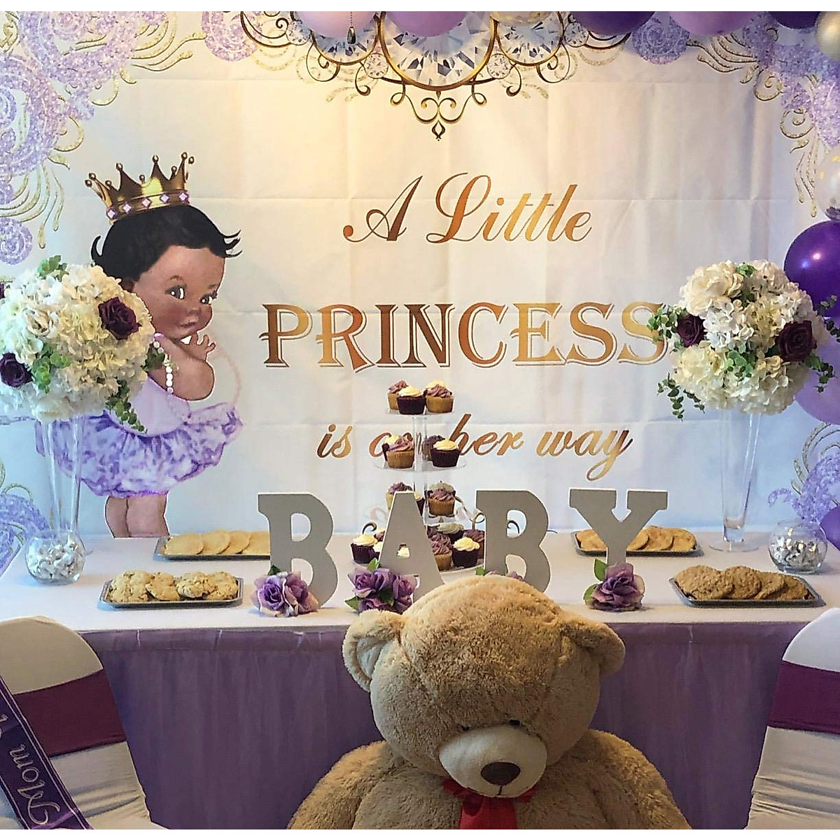 Mehofoto Purple Princess Baby Shower Backdrop Royal Silver Purple Photography Background 7x5ft Vinyl Royal Princess Baby Shower Party Banner Decoration