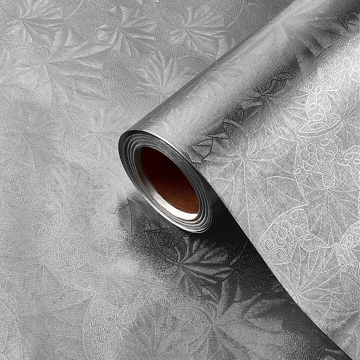 Jecery Embossed Floral Foil Paper Metallic Wrapping Paper Colored Foil Sheets for Crafts Scrapbook Florist Cake Board Cake Drums Christmas Party Gift Wrapping, 15.7 Inch 46 ft(Silver)