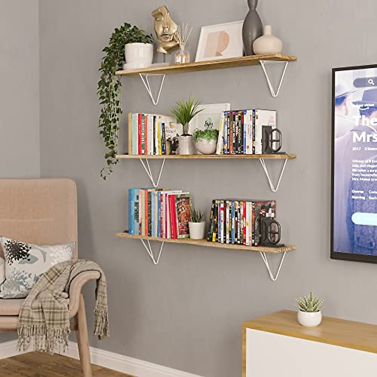 Wallniture Colmar 36"x6" Wood Floating Bookshelves for Wall Storage, Long Wall Shelves for Living Room, Bathroom, Kitchen Pantry, Bedroom, Burned Finish Wall Shelf Set of 3