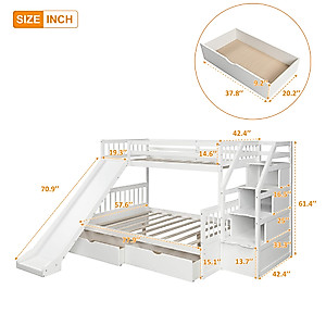 GAOWEI Twin Over Full Bunk Bed with Drawers, Storage and Slide, Multifunction Wood Loft Bed for Kids, Adults (White)
