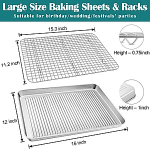 TeamFar Baking Sheet and Cooling Rack Set, 16 x 12 x 1 inch Stainless Steel Baking Pan Cookie Sheet with Grid Rack for Kitchen Cooking Roasting, Healthy & Non-toxic, Dishwasher Safe (2 Pans+2 Racks)