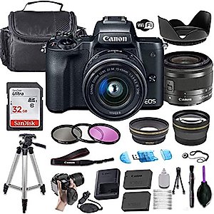 Commander Optics Professional Photo Bundle for M50 Mirrorless Digital Camera (Black) w/EF-M 15-45mm f/3.5-6.3 is STM + Wide-Angle and Telephoto Lenses + Portable Tripod + Memory Card