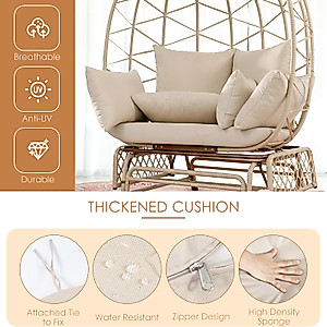 NICESOUL® Double Wicker Rocking Egg Chair, Oversized Egg Basket Lounge Chair for 2 Persons, Patio Gliding Egg Chair with Legs Thick Cushions 500 Lbs Large Loveseat for Indoor Outdoor Beige with Cover