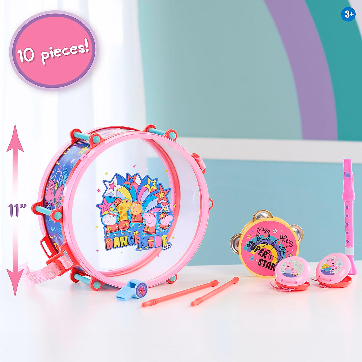 Peppa Pig Party Drum Set, 10-Pieces, 6 Musical Instruments, Pretend Play, Musical Education, Kids Toys for Ages 18 Month, Amazon Exclusive by Just Play