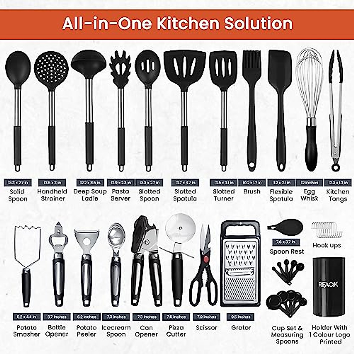 40PCs Silicone Cooking Utensils Set 446℉ Heat Resistance, RFAQK BPA Free Kitchen Utensils Set for Nonstick Cookware, Gadgets includes Can Opener, Potato Smasher,Peeler,Tongs,Spatula Set,Pizza Cutter
