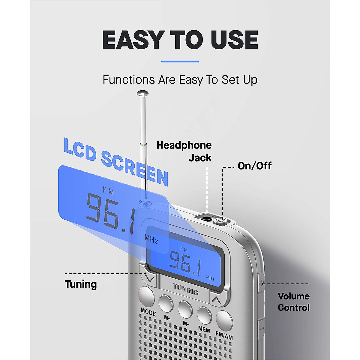 Vondior Digital AM FM Portable Pocket Radio with Alarm Clock- Best Reception and Longest Lasting. AM FM Compact Radio Player Operated by 2 AAA Battery, Stereo Headphone Socket (Silver)