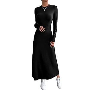 Verdusa Women's Casual Long Sleeve Round Neck Solid A Line Long Maxi Dress Black XS