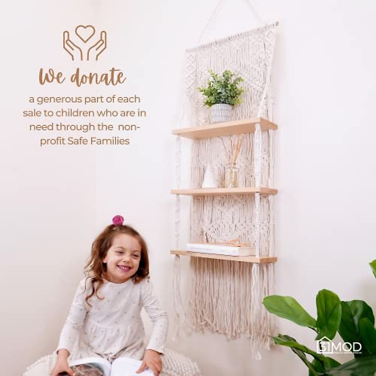 31Mod Macrame Wall Hanging Shelf with Enhanced Solid Wood Shelves and Handmade Macrame to Organize Plants and Decor — 3 Tier Macrame Shelf Wall Hanging for Kitchen, Bathroom, Home Storage, Plants