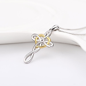 YFN Cross Necklace 925 Sterling Silver Celtic Knot Cross Infinity Heart Love Pendant Necklace 18" (God Heart Cross Necklace)