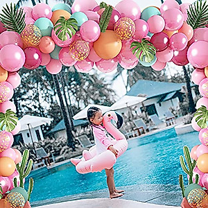 124Pcs Tropical Flamingo Balloon Arch Garland Kit 40" Flamingo Balloons Hot Pink Confetti Balloons Tropical Palm Leaves 4 Tools Hawaiian Luau Birthday Wedding Baby Shower Party Decorations Supplies
