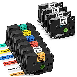 6 Pack Colors + 4 Pack White Compatible with Brother P Touch TZe Label Tape 12mm 0.47'' Laminated for PTouch PT D210 H110 D400 Label Maker, Black on White/Orange/Red/Blue/Yellow/Green, 10-Pack