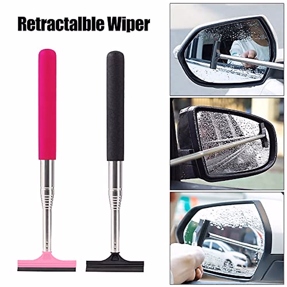 GreceYou Retractable Car Rearview Mirror Wiper Portable Auto Mirror Squeegee Cleaner Long Handle Car Cleaning Tool Mirror Glass Mist Cleaner, Length Up to 98cm/38.6inch (Black)