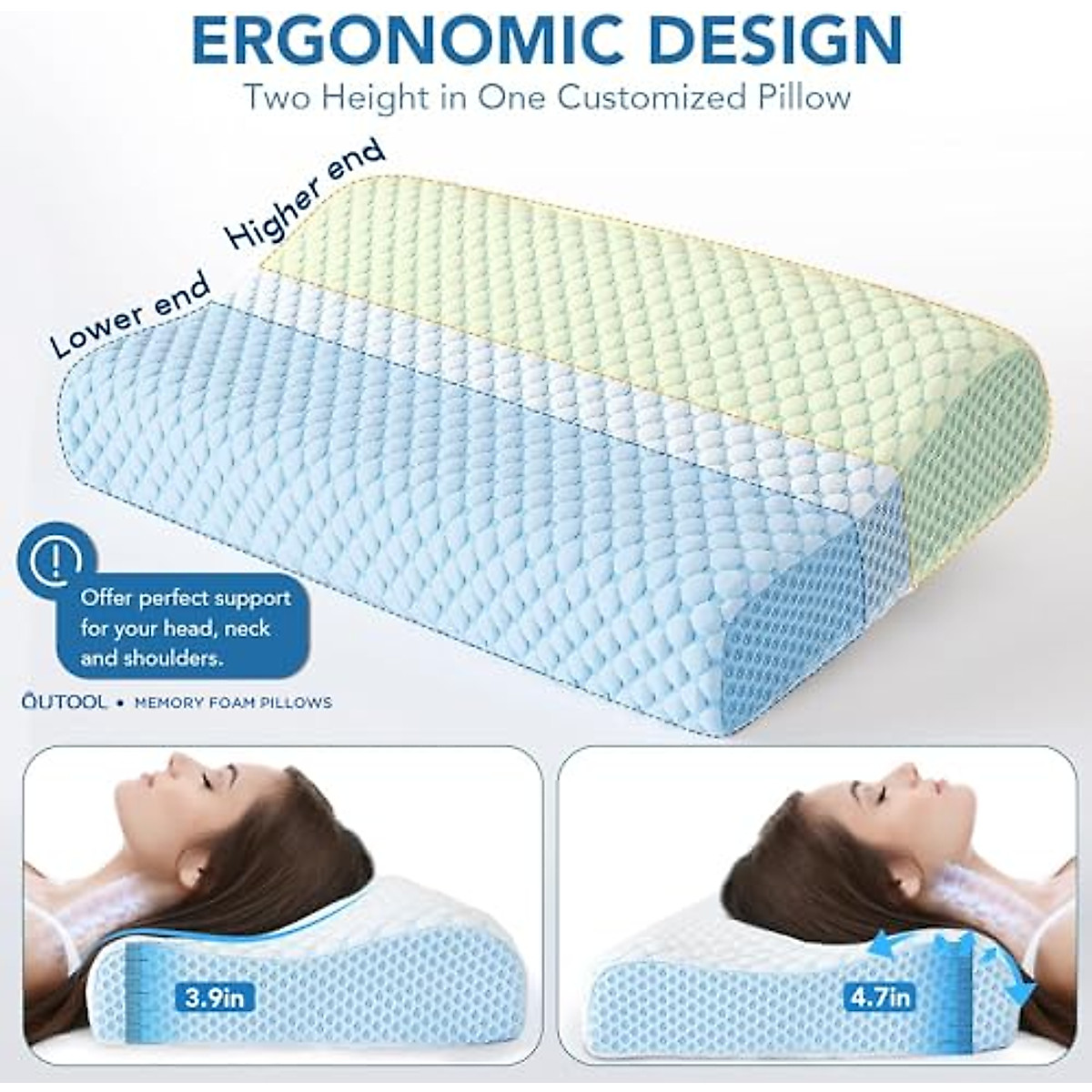 QUTOOL Neck Support Pillow for Sleeping, Cooling Memory Foam Pillow for Neck and Shoulder, Bed Pillow Side Back Stomach Sleeper Pillow for Adults