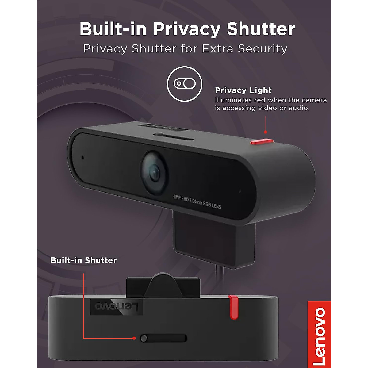 Lenovo HD 1080p Webcam (LC50) - Monitor Camera with 90° Wide Angle, Dual Microphones & Smart Video Capture – Magnetic Desktop Cam w/ Privacy Shutter & Light for Virtual Class, Meetings & Conferences