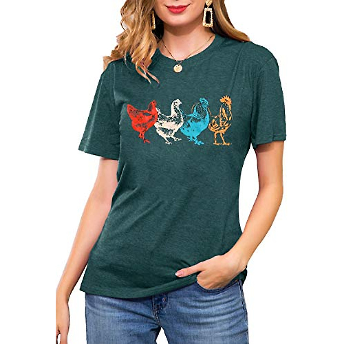 Chicken Shirt for Women Farm Tees Farm Girl T Shirt Funny Chicken Graphic T-Shirt Casual Short Sleeve Tops Green