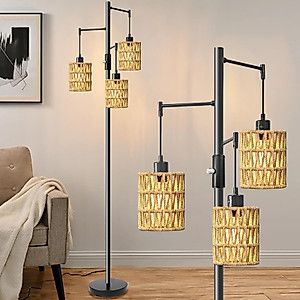 gernehop Floor Lamps for Living Room,3 Light Rattan Standing Tall Lamp with Foot Switch & Sturdy Base,Farmhouse Rustic Tree Black Vintage Floor Lamp for Bedroom Office
