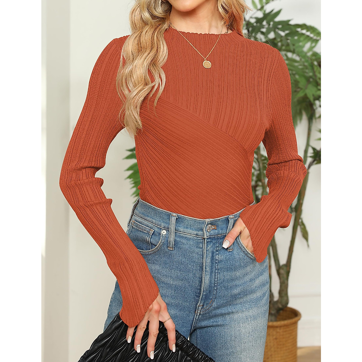 HAEOF Womens 2023 Fall Lightweight Sweaters Long Sleeve Thermal T Shirts Trendy Ribbed Fitted Dressy Casual Tops(RustRed, M)