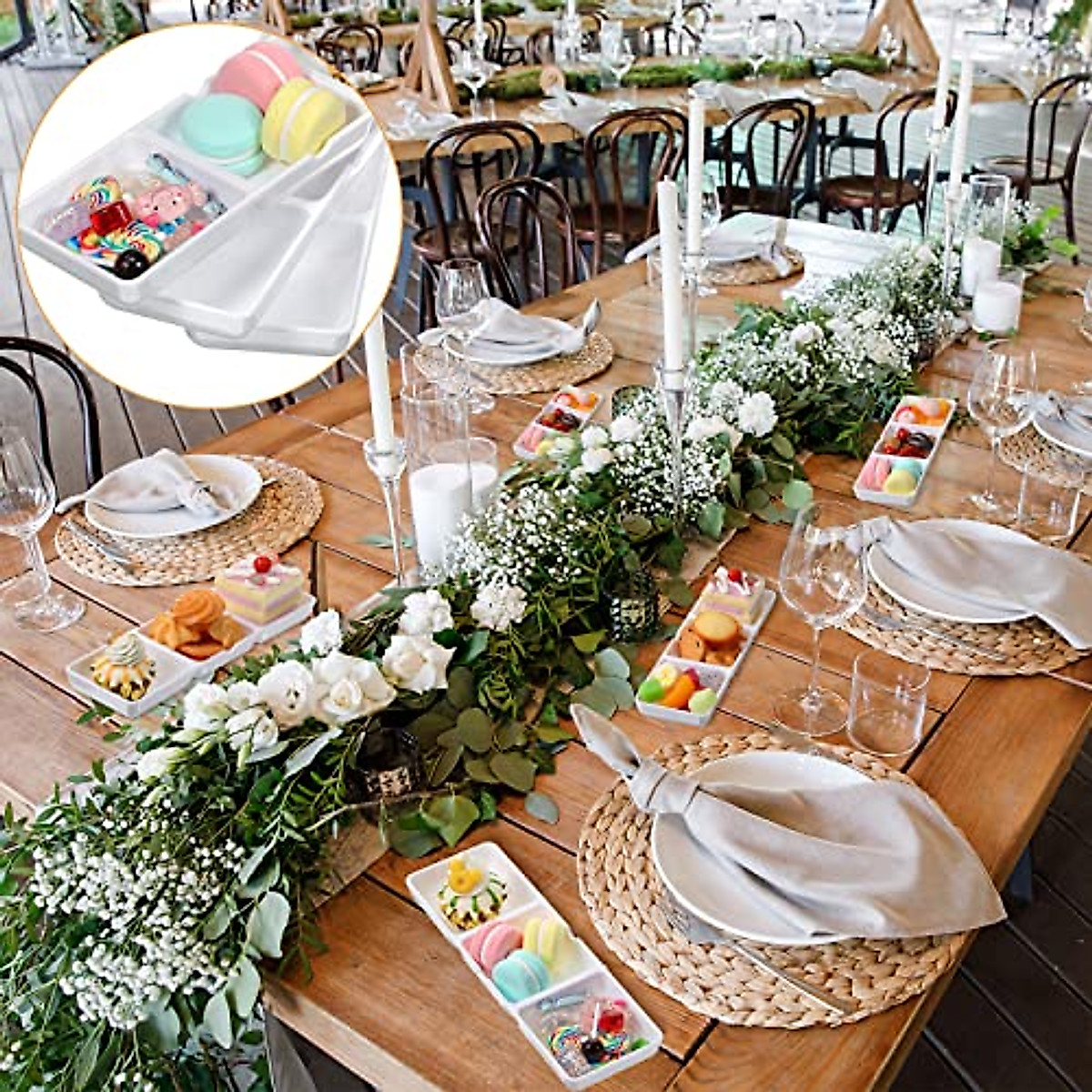 12 Pcs Small White Plastic Appetizer Serving Tray 3 Compartment Serving Dishes Reusable Stackable Sectional Serving Platter Rectangular Divided Split Dish for Restaurant Kitchen Food Candy