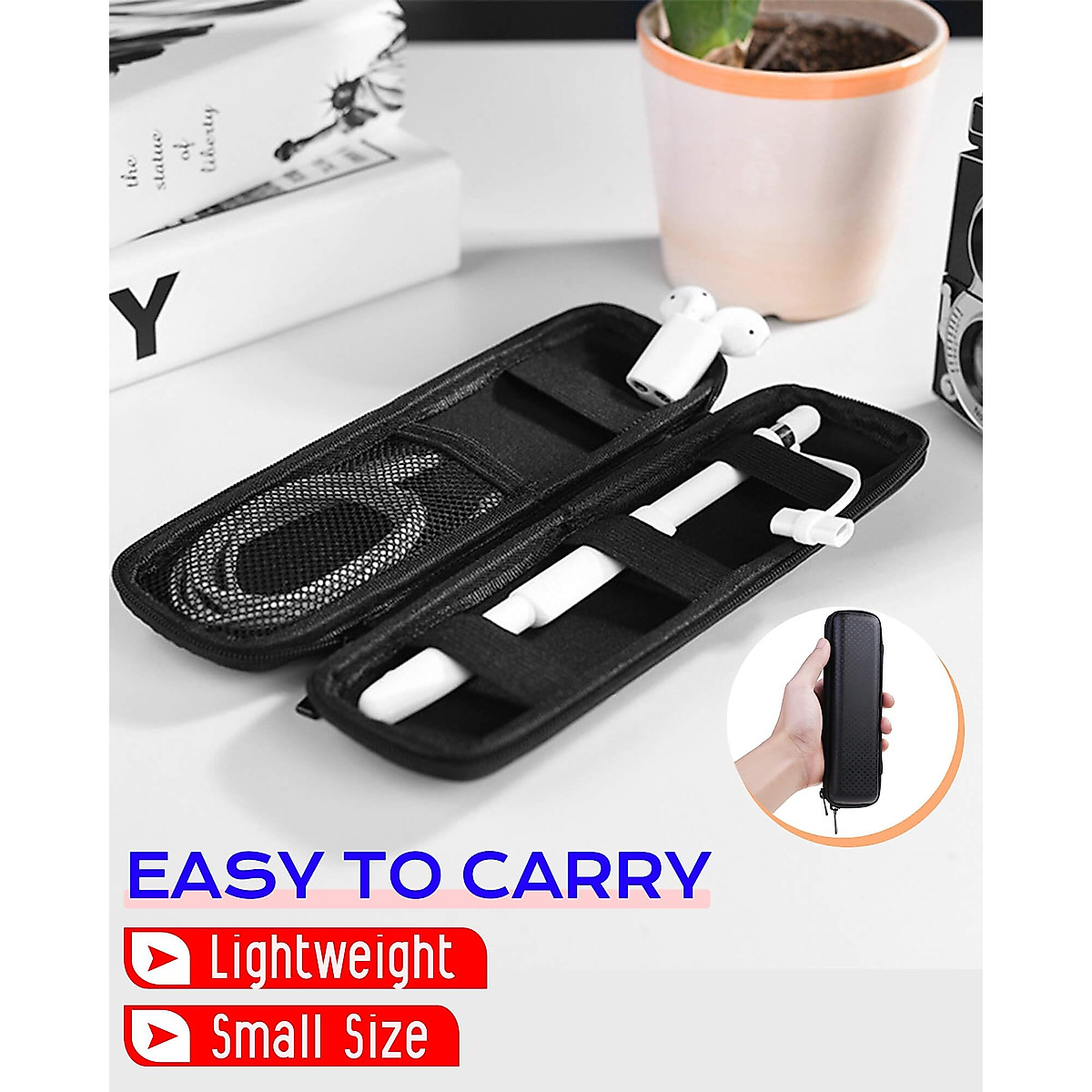 Oythiem Slim Hard Pen Cases for Adults, Travellers, Insulin Travel, Thin Black Pencil Case Hard Shell, Small Waterproof Pencil Box Organizer for Apple Pencil Usb C, Headphones, Executive Fountain Pens