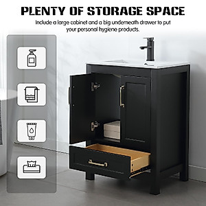 LUCKWIND 24” Bathroom Vanity with Sink, Modern Painted Bathroom Storage Cabinet with Ceramic Basin Sink Top, Faucet and Drawers Without Mirror, Black
