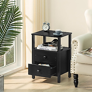 Lerliuo Black Night Stand, Small Nightstand with 2 Wood Drawers and Storage Shelf, Mid Century Modern Bedside Table with Wooden Frame, Rustic Bed Side Tables for Small Spaces, Nightstands for Bedroom