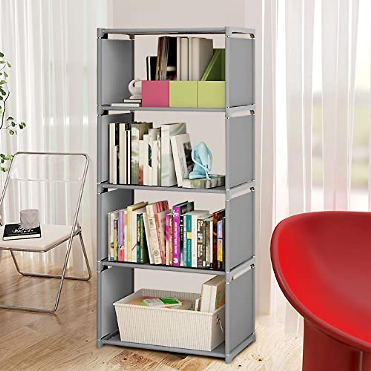 DOONARCES 4 Tiers Grey Bookcase Bookshelf Free Standing Book Toys Storage Rack Organizer Display Shelf Waterproof Metal&Woven Fabric Shelf for Study Room Bedroom Living Room 16 * 10 * 49in