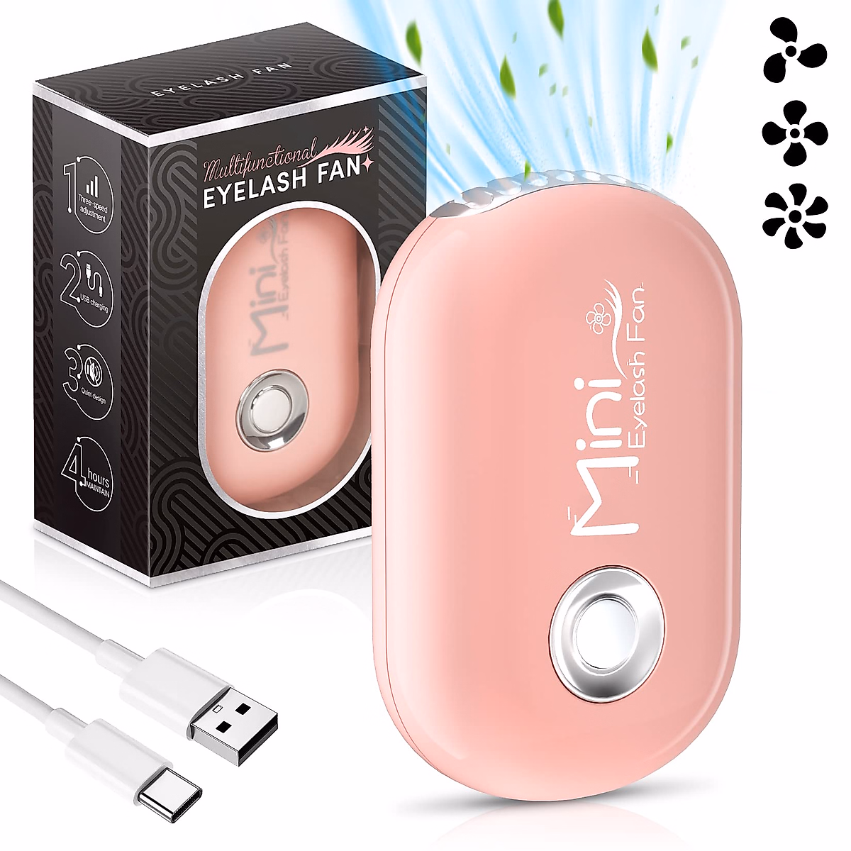 Buqikma USB Mini Lash Fan with Built in Sponge for Eyelash Extension Handheld Air Conditioning Rechargable Type C (Pink)