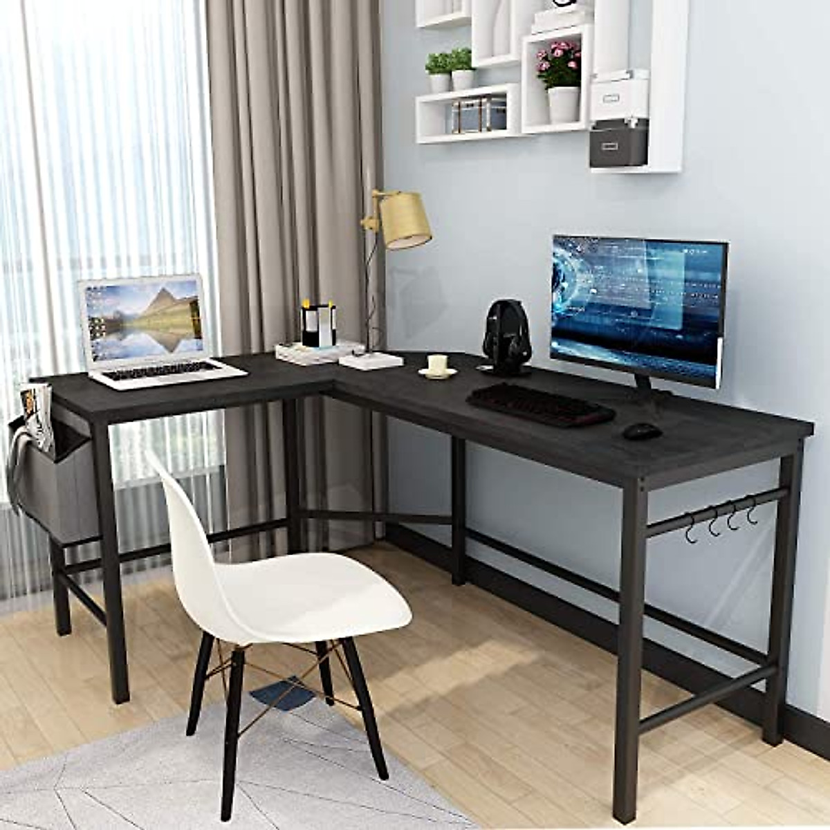 DKLGG L Shaped Computer Desk, 49" Gaming Desk Home Office Corner Desks Large Work Study Desk with Storage Bag & Hooks, L Desk Workstation Space-Saving Table for Home Office, Black