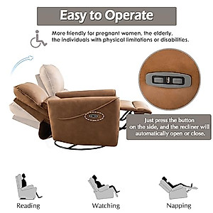 INZOY Power Recliner Swivel Glider, Electric Swivel Rocker Recliners with Lumbar Support, Leathaire Nursery Rocking Recliner Chair Reclining Sofa for Living Room, Brown