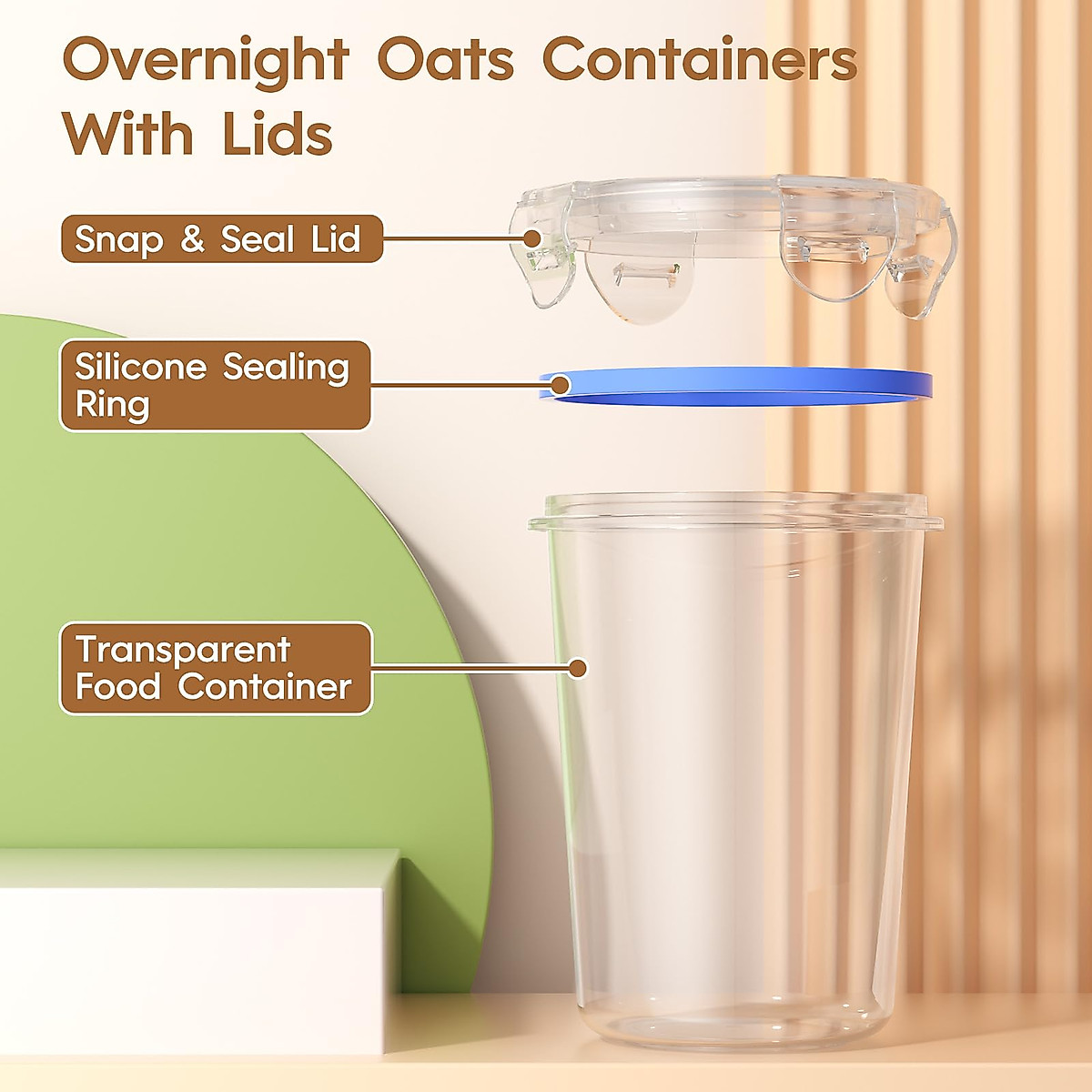 4 Pack Overnight Oats Containers with Lids, Oatmeal Container, 16oz Leak Proof Oats Jars, BPA Free, Reusable, Portable Plastic Food Storage Container for Oatmeal, Yogurt, Soup, Cereal, Milk and More